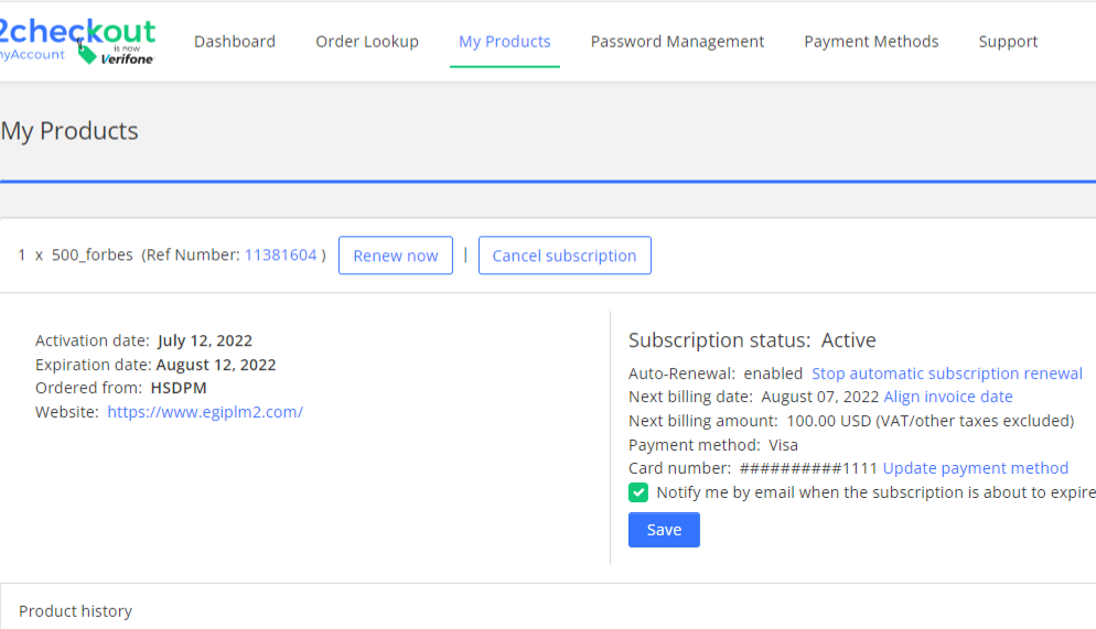 Subscription cancellation via myAccount | Documentation | 2Checkout